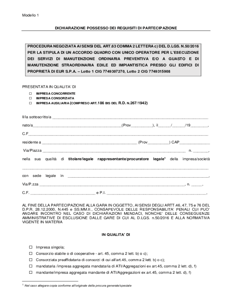Fillable Online Modello 1 DICHIARAZIONE POSSESSO DEI REQUISITI DI ... Fax Email Print - pdfFiller