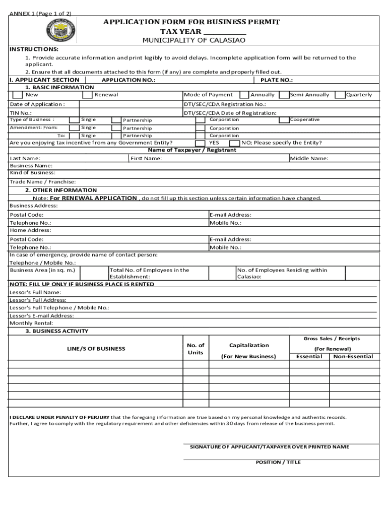 Fillable Online ANNEX 1 (Page 1 of 2) APPLICATION FORM FOR BUSINESS ... Fax Email Print - pdfFiller