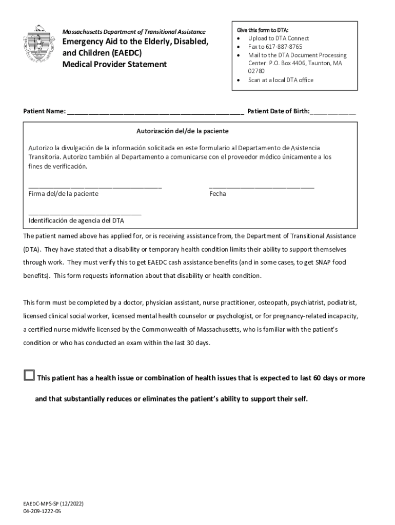 Fillable Online EAEDC Medical Provider Statement - Mass.gov Fax Email ...