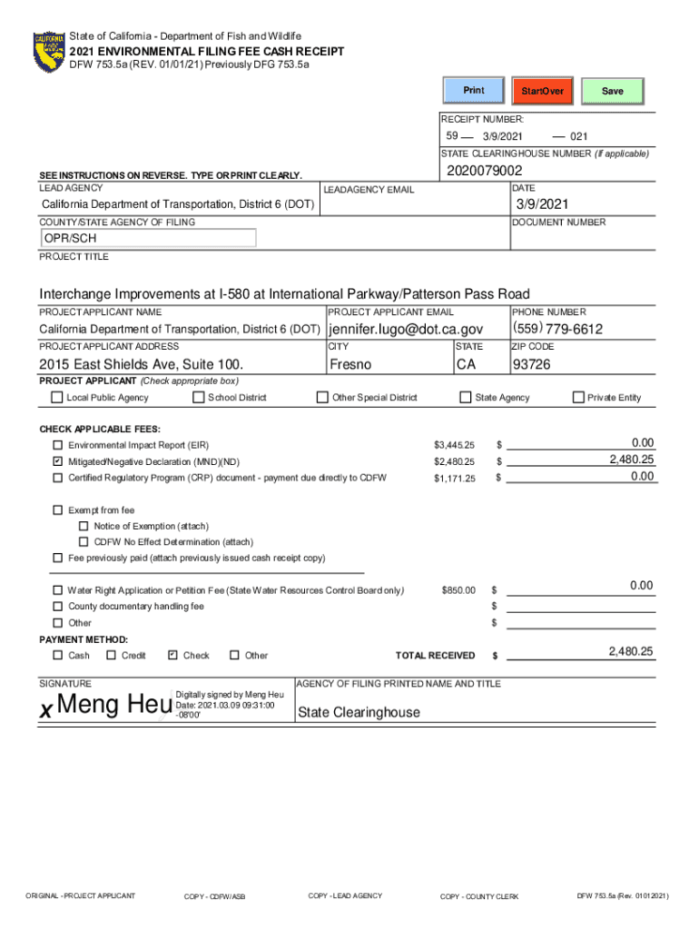 Fillable Online 2021 ENVIRONMENTAL FILING FEE CASH RECEIPT - CA.gov Fax ...