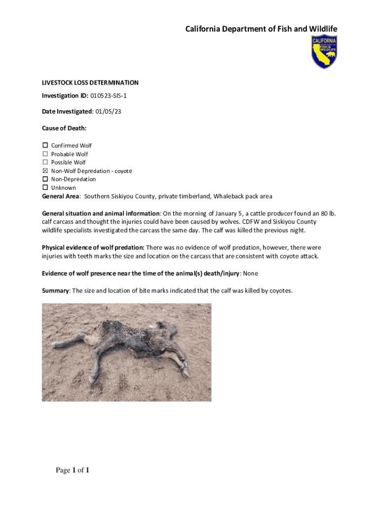 Fillable Online Depredation Determination Form 010523-SIS-1 ...