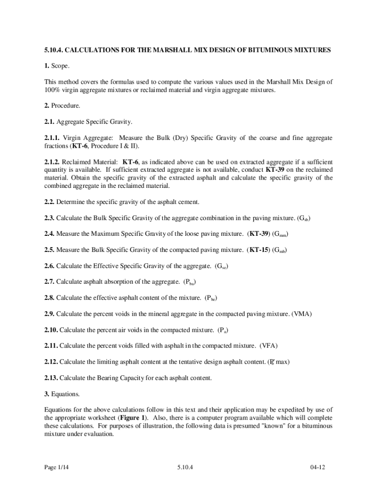 Fillable Online 5.17.04CALCULATIONS FOR THE MARSHALL MIX DESIGN OF ...