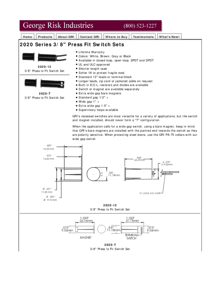 Fillable Online 3/8 Recessed Switch Set - George Risk Industries Fax ...