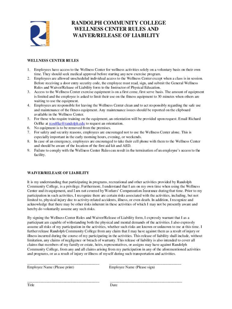 Fillable Online Wellness Center General Rules/Waiver and Release Form Fax Email Print - pdfFiller