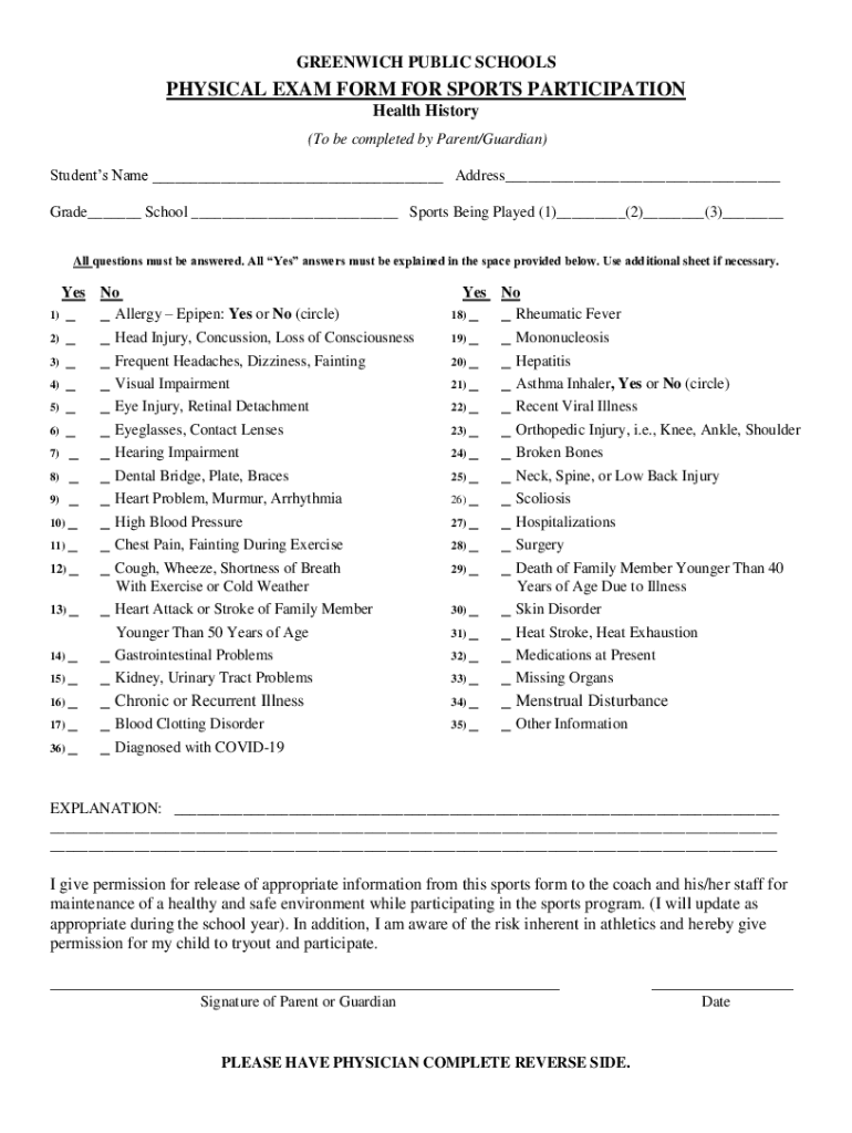 Fillable Online PHYSICAL EXAM FORM FOR SPORTS PARTICIPATION Fax Email ...