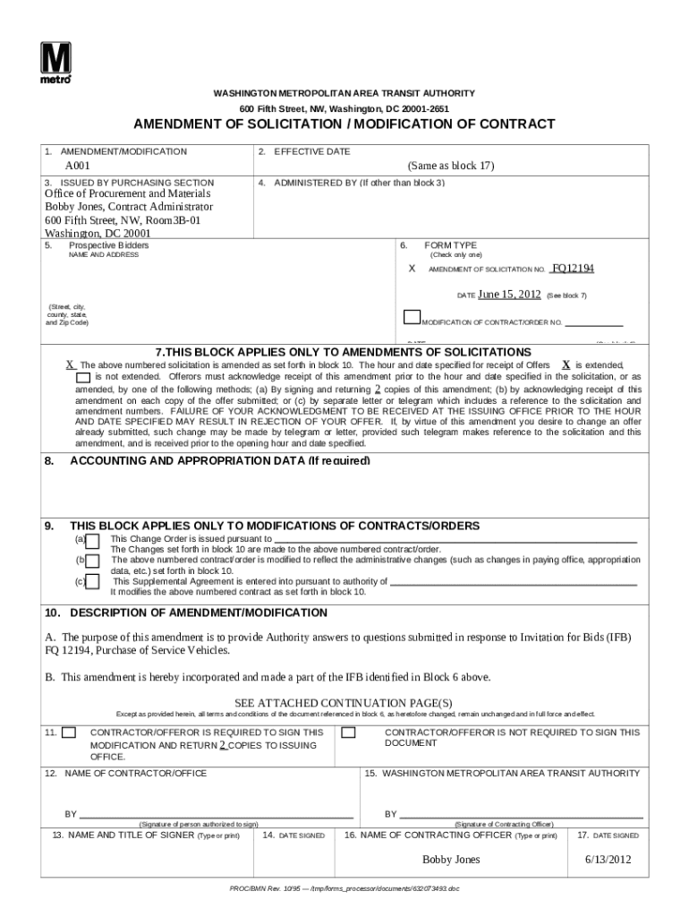amendment of solicitation / modification of contract - WMATA Doc ...