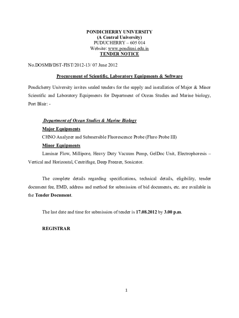 Fillable Online Tender Notice for Major Laboratory Equipments Fax Email Print - pdfFiller