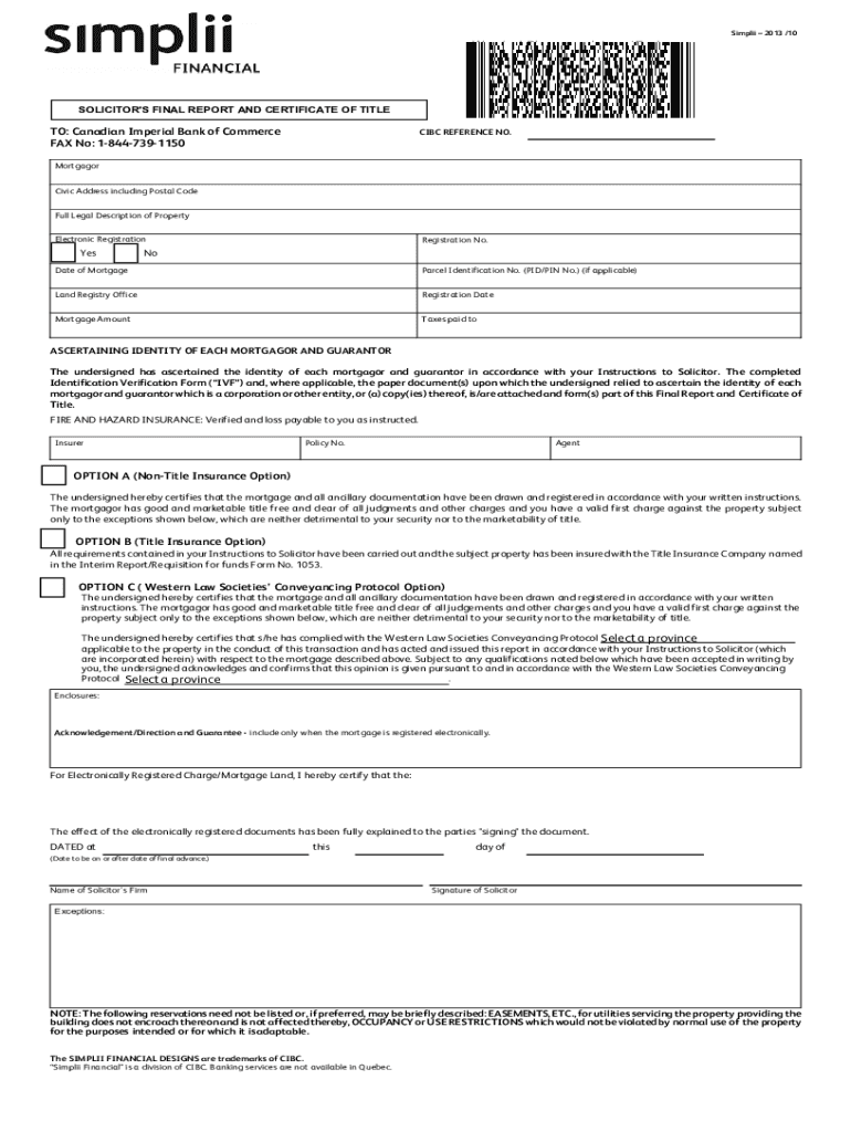Fillable Online SOLICITOR'S FINAL REPORT AND CERTIFICATE OF TITLE. SOLICITOR'S FINAL REPORT AND ...