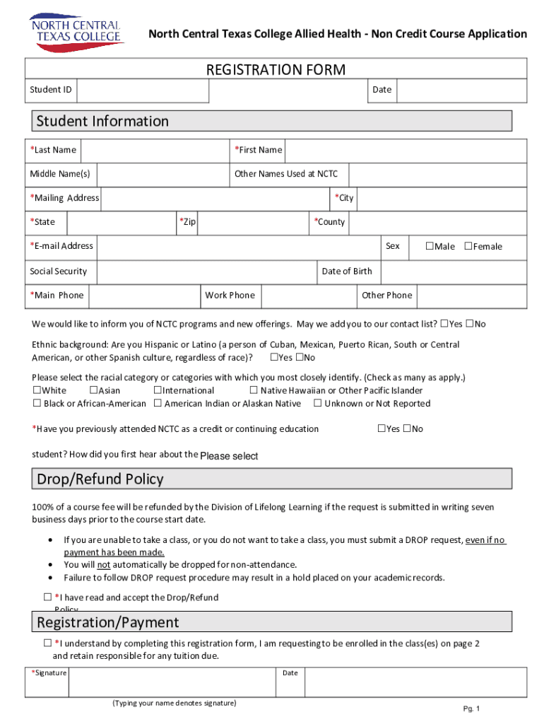 Fillable Online REGISTRATION FORM Student Information Drop/Refund ...