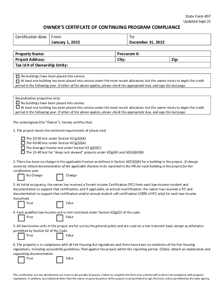 Fillable Online Owner's Certificate of Continuing Program Compliance - NJ.gov Fax Email Print ...