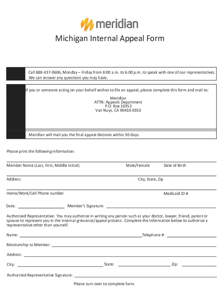 Fillable Online Meridian - Michigan Internal Appeal Form. Michigan ...