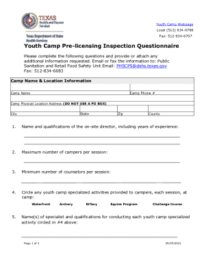 Fillable Online Youth Camp Pre-licensing Inspection Questionnaire Fax ...