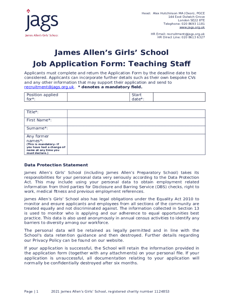Teaching Staff Application - James Allen's Girls' School Doc Template ...