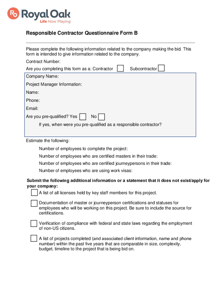 Fillable Online Responsible Contractor Questionnaire Form B Fax Email ...
