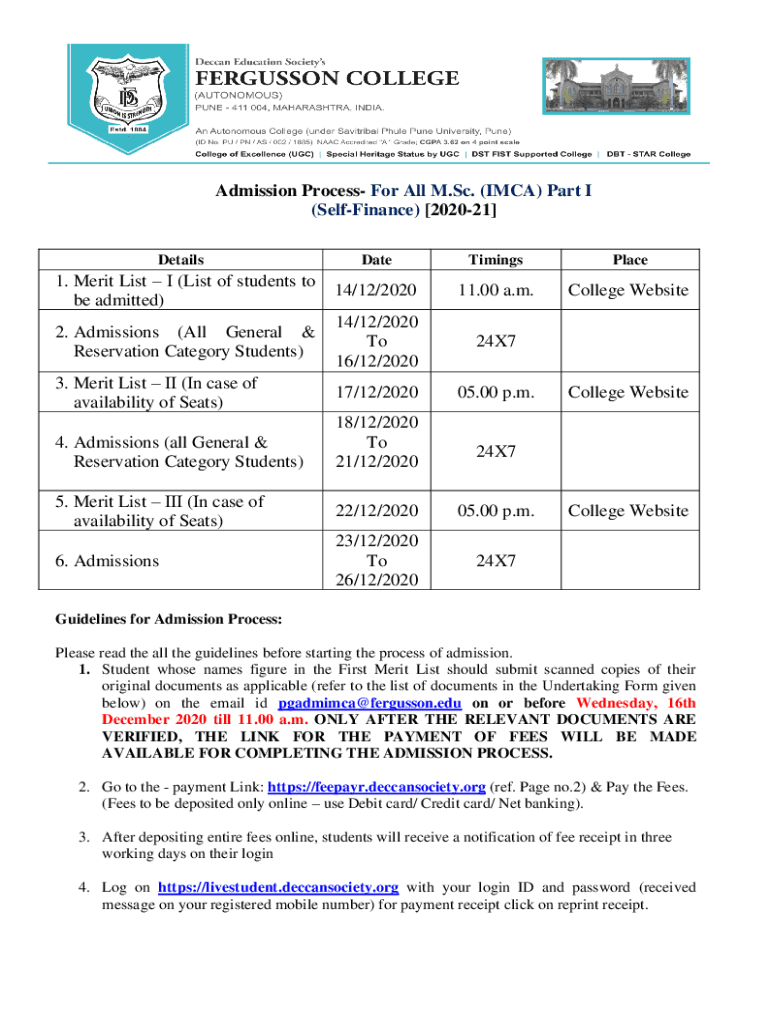 Fillable Online For All M.Sc. (IMCA) Part I (Self-Finance) 2020-21 1 ...