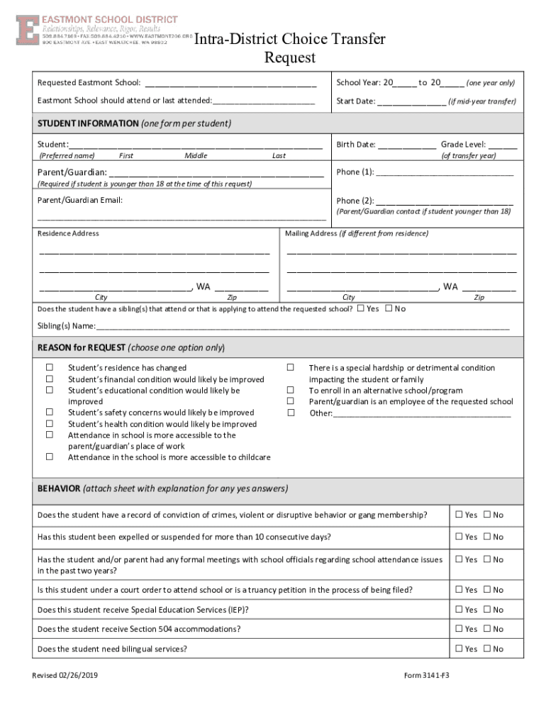 Fillable Online Choice Transfer Request - Eastmont School District! Fax Email Print - pdfFiller