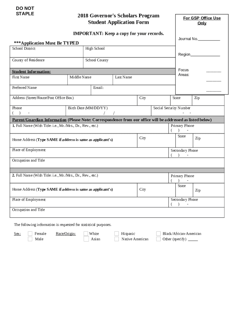 Student Application - Governor's Scholars Program Doc Template | pdfFiller