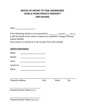 Fillable Online NOTICE OF INTENT TO TOW ABANDONED VEHICLE FROM ... Fax ...