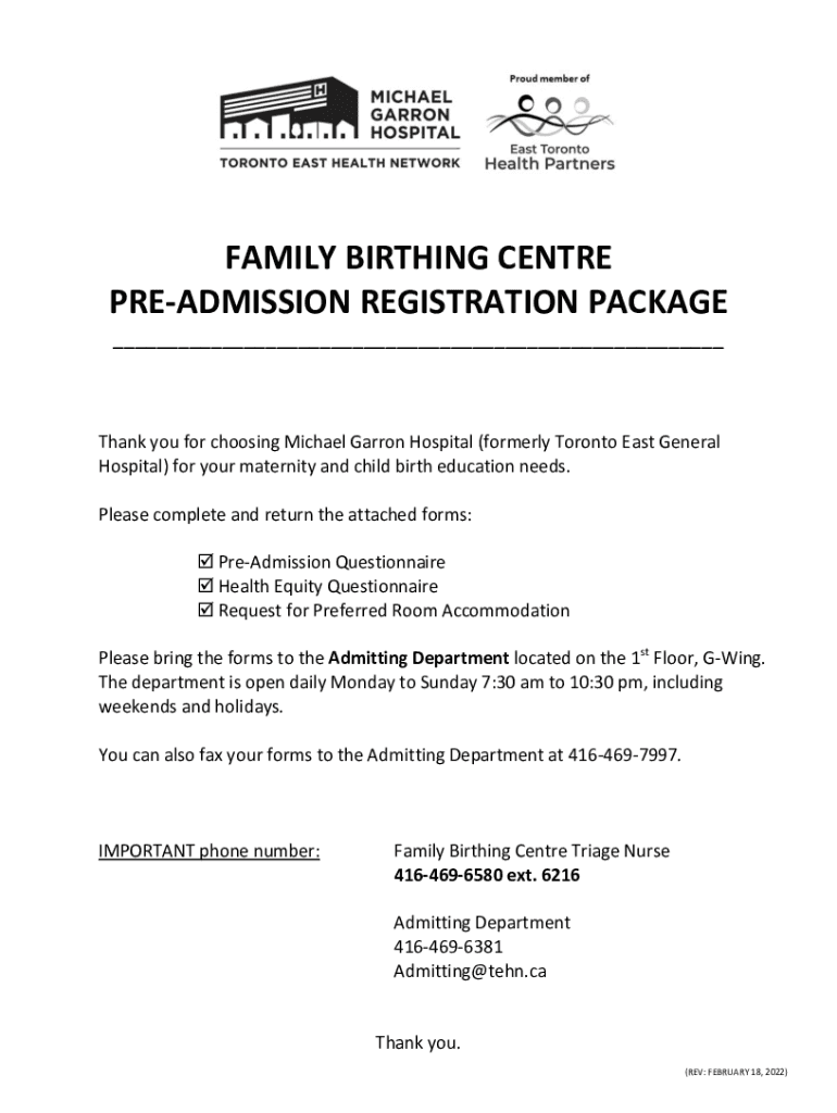 Fillable Online family birthing centre pre-admission registration ...