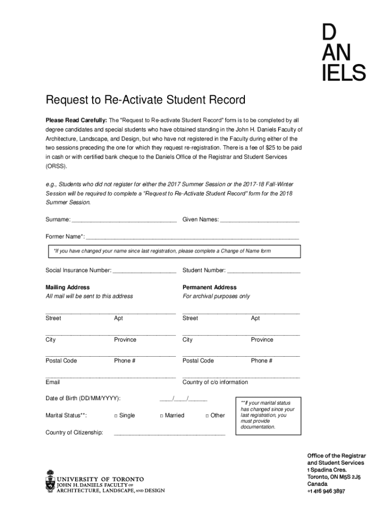 Fillable Online Request to Re-Activate Student Record Fax Email Print ...