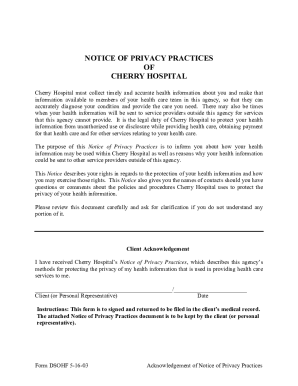 Fillable Online NOTICE OF PRIVACY PRACTICES OF CHERRY HOSPITAL Fax ...