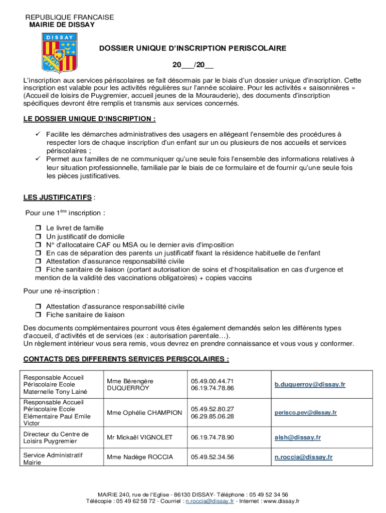 Fillable Online Dossier unique d'inscription aux services priscolaires Fax Email Print - pdfFiller