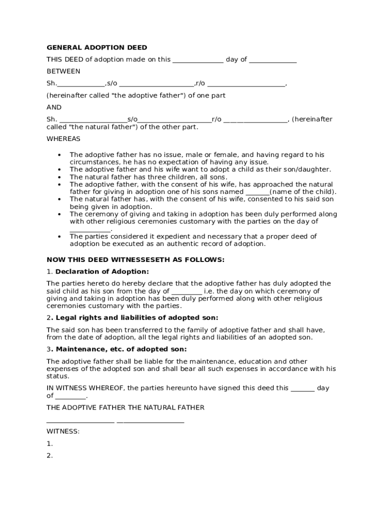 Adoption Deed for Adoption of child by Widow Natural Mother ... Doc ...