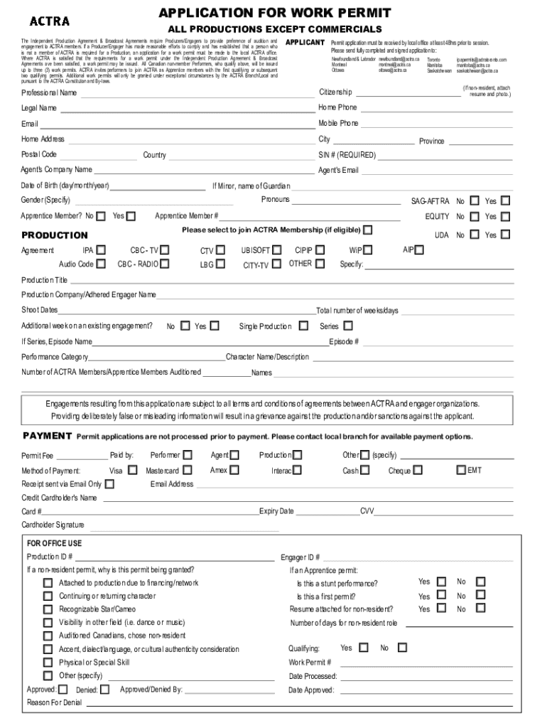 Fillable Online ACTRA Toronto - Application for Work Permit Fax Email ...