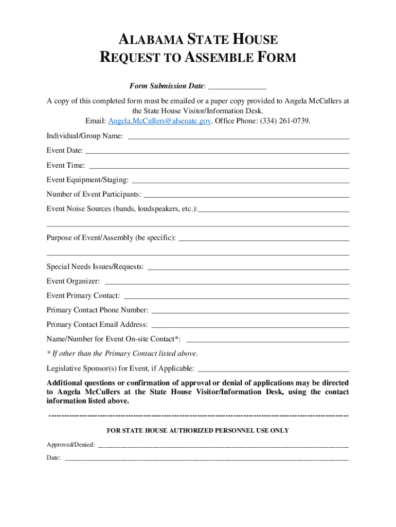 Fillable Online ALABAMA STATE HOUSE REQUEST TO ASSEMBLE FORM Fax Email ...