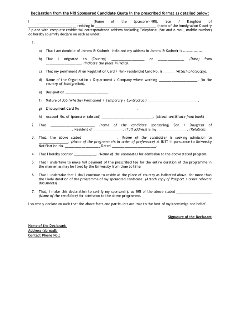 Fillable Online Declaration from the NRI Sponsored Candidate Quota in ... Fax Email Print ...