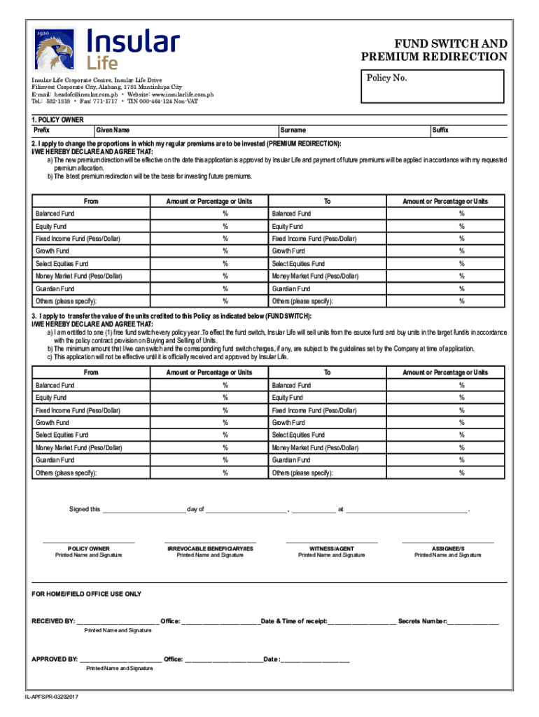Fillable Online FUND SWITCH AND PREMIUM REDIRECTION - cloudfront.net ...