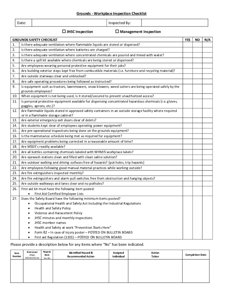 Fillable Online Workplace Health and Safety General Inspection ...