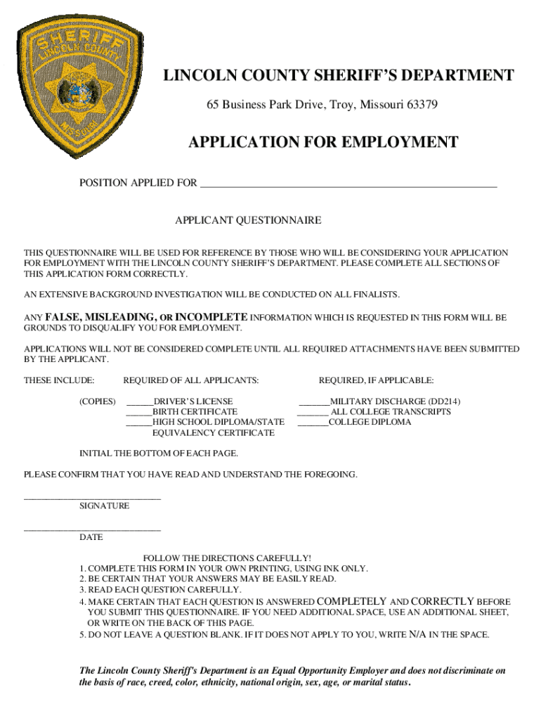Fillable Online APPLICATION FOR EMPLOYMENT - Lincoln County, MO Sheriff ...