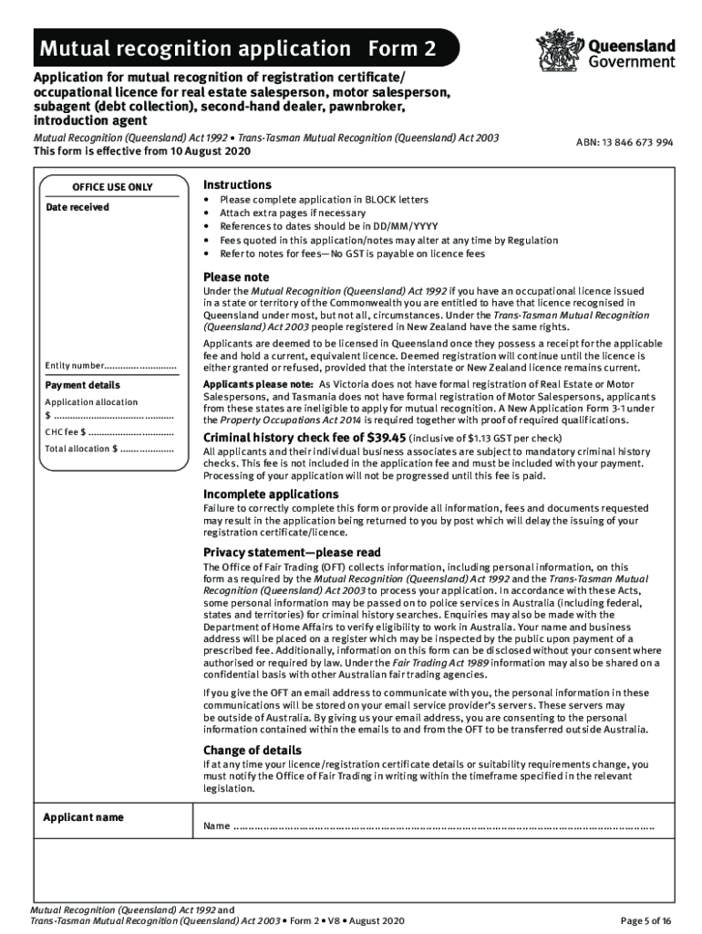 Fillable Online Fillable Online Mutual recognition application Form 2 ...