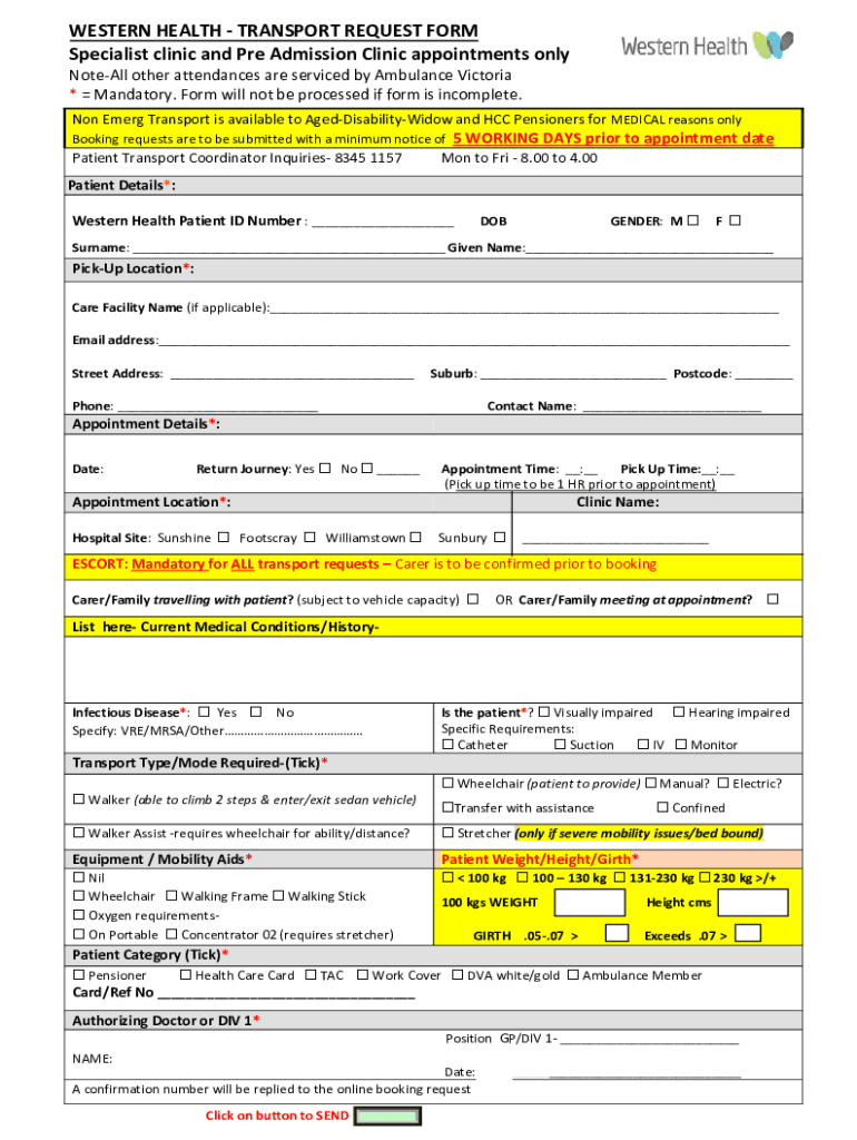 Fillable Online TRANSPORT REQUEST FORM Specialist clinic and Pre ...