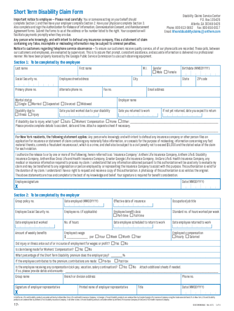 Fillable Online Short Term Disability Claim Form - Professional ...