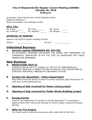 Unfinished Business Second reading ORDINANCE NO. 019 ... Doc Template | pdfFiller