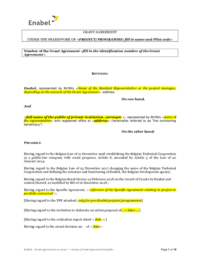 Fillable Online Grant Agreement template - Enabel Fax Email Print ...