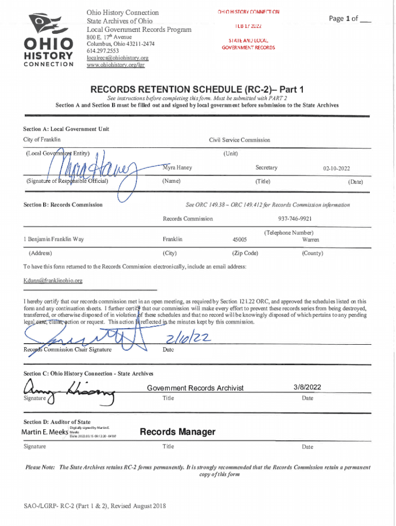 Fillable Online HISTORY RECORDS RETENTION SCHEDULE (RC-2)- Part 1 Fax ...