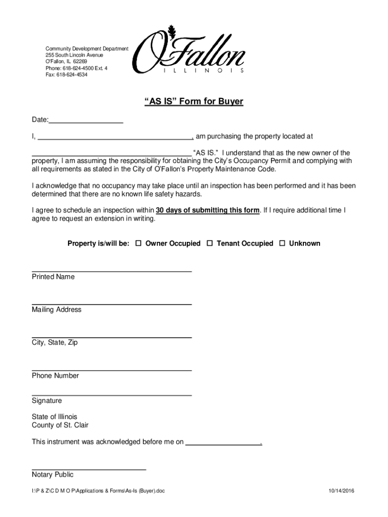 Fillable Online AS IS Form for Buyer - City of O'Fallon, IL Fax Email ...