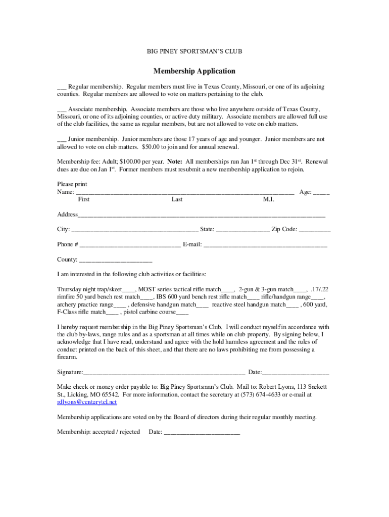 Fillable Online Membership Application - Big Piney Sportsman's Club Fax ...