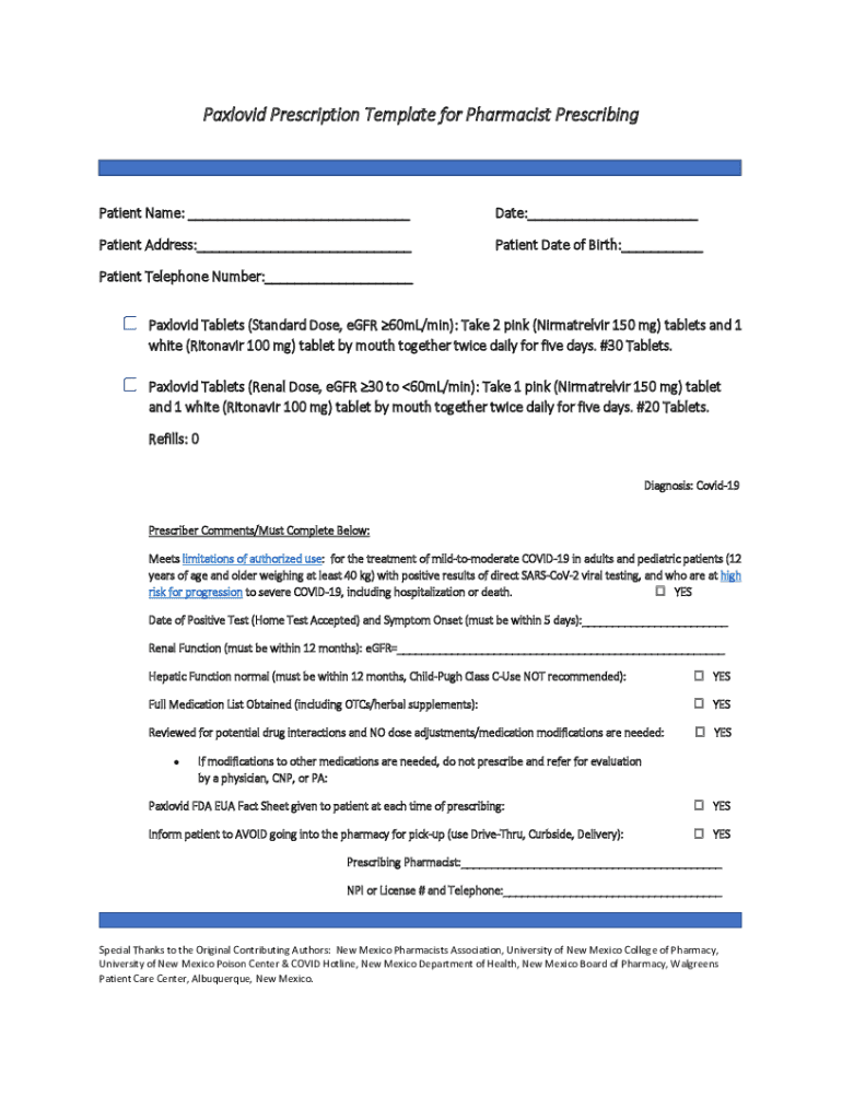 Fillable Online Paxlovid Prescription Template for Pharmacist ...