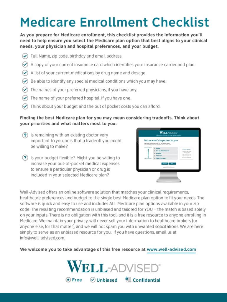 Fillable Online Medicare Enrollment Checklist: The Best Plan for Your ...