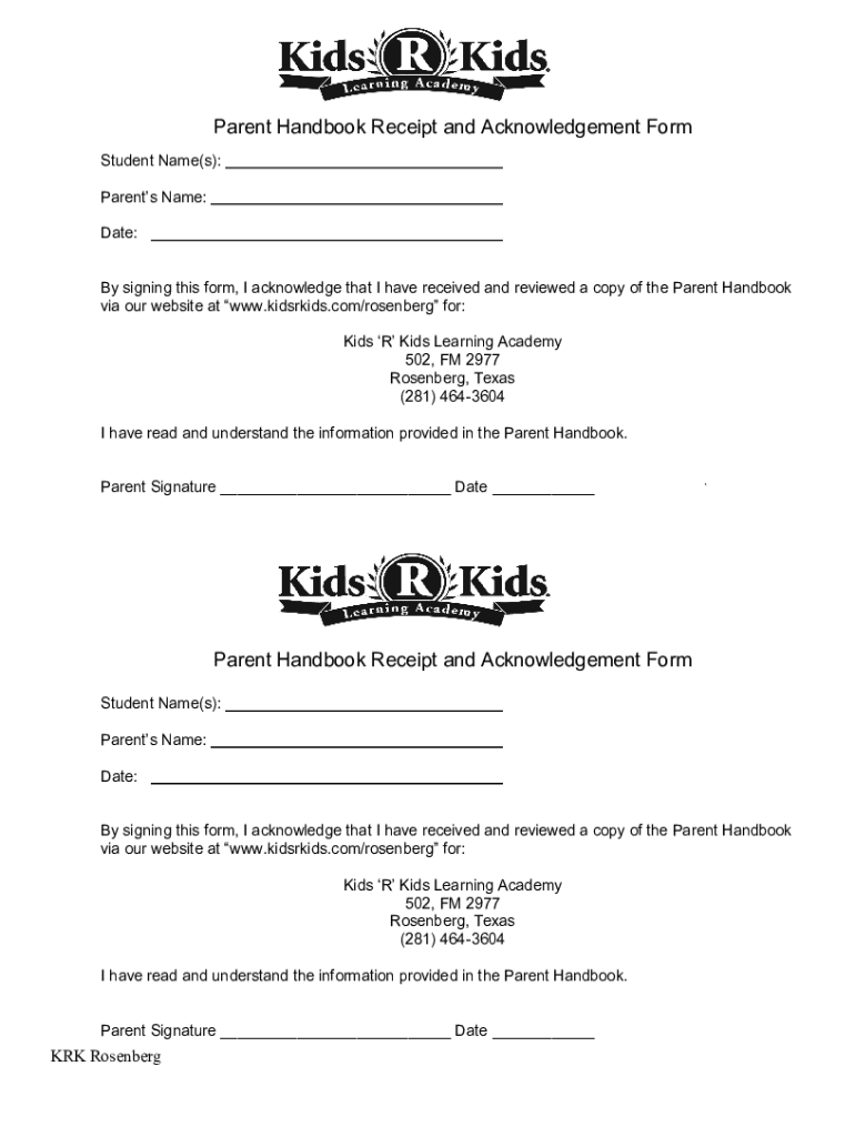 Fillable Online Parent Handbook Receipt and Acknowledgement Form Parent ... Fax Email Print ...