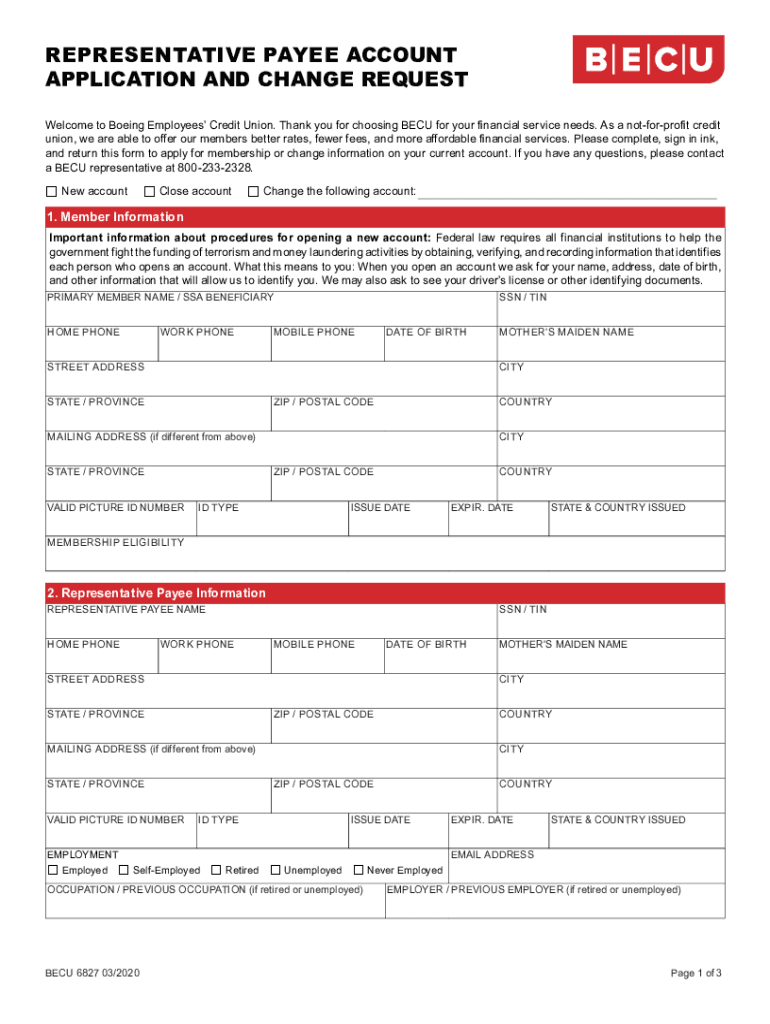 Fillable Online P-6827-BECU-Representative Payee Account Application and Change Request Packet ...