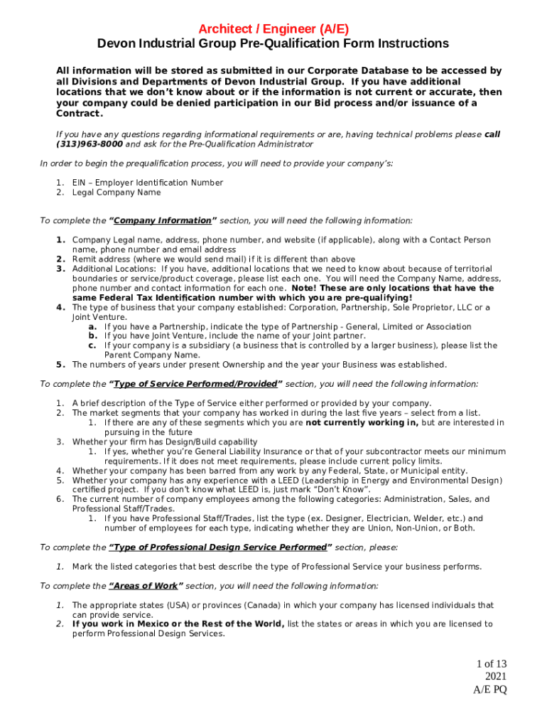 Subcontractor Devon Industrial Group Pre-Qualification ... Doc Template ...
