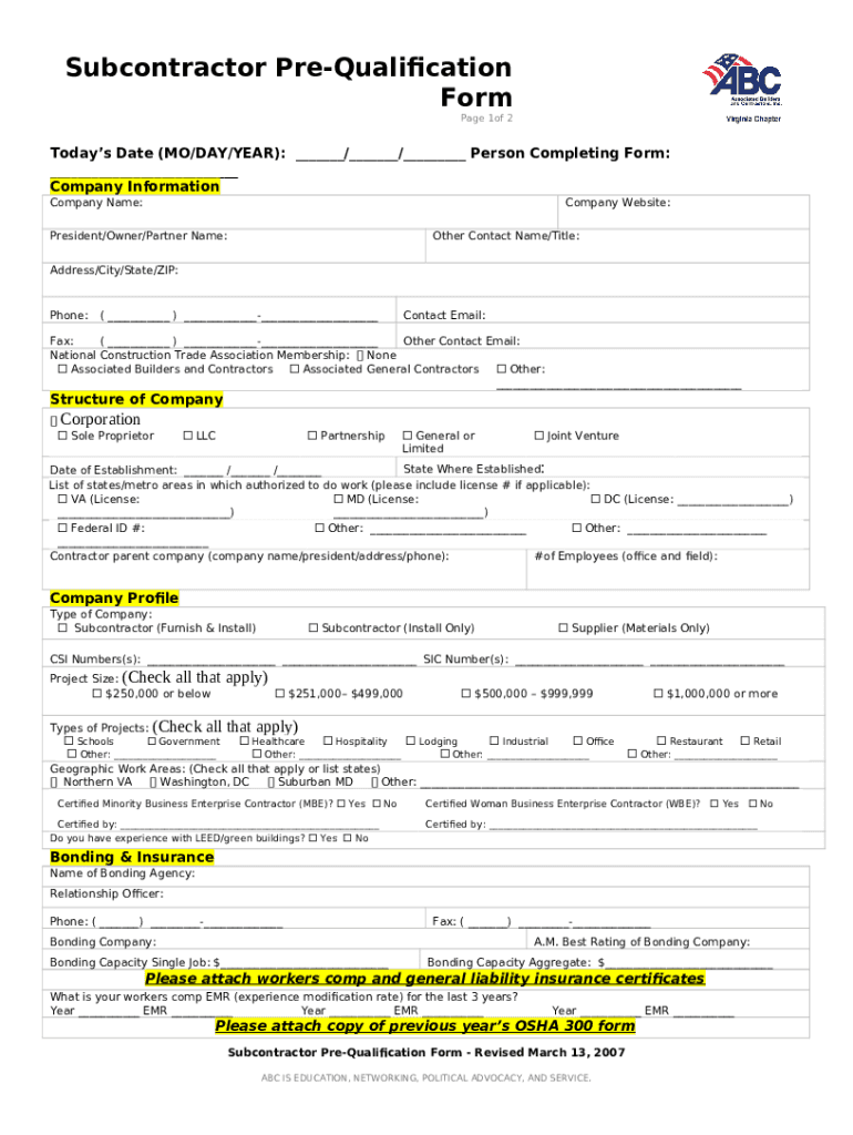 Subcontractor Pre-qualification - Utica Contracting Inc. Doc Template ...