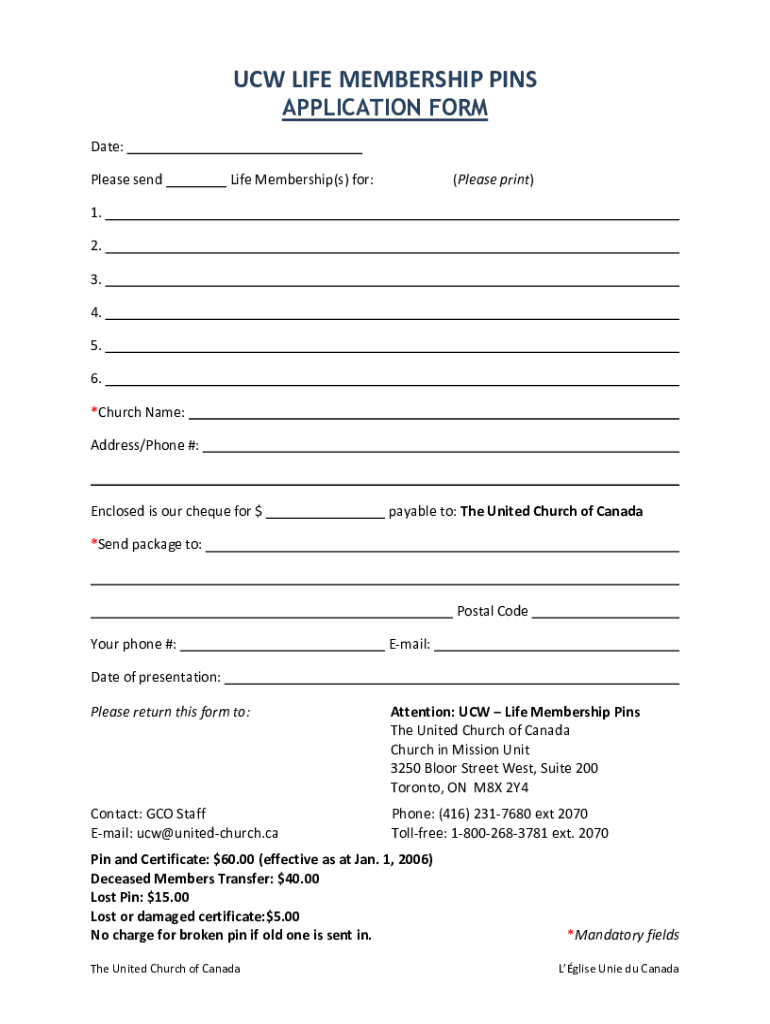 Fillable Online ucw life membership pins - application form Fax Email ...