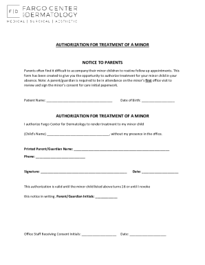Fillable Online authorization for treatment of a minor notice to ...