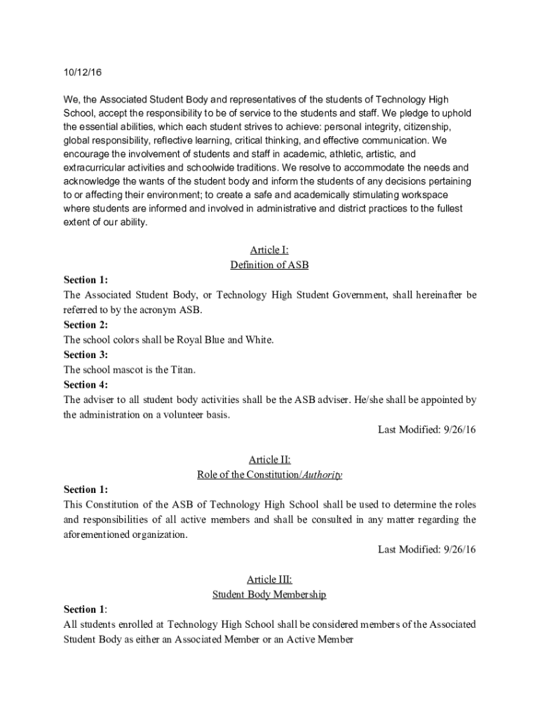 Fillable Online Definition of ASB Section 1: The Associated Student ...